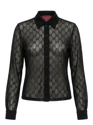 Gucci Gg Jersey Jacquard Sheer Long Sleeve Shirt - Black
