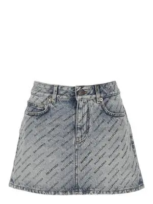 Balenciaga Allover Logo Printed Denim Mini Skirt - Gray