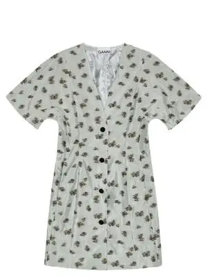 GANNI Floral Printed V-neck Mini Dress - Gray