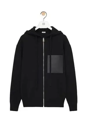 Loewe Wool Zip-up Hoodie With Leather Pocket - Black