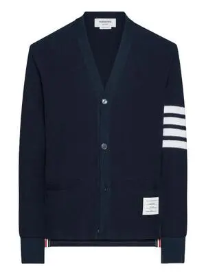 Thom Browne 4-bar Honeycomb Knit V-neck Cardigan - Navy Blue