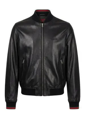 Gucci Leather Zip-up Jacket With Embroidered Logo - Black