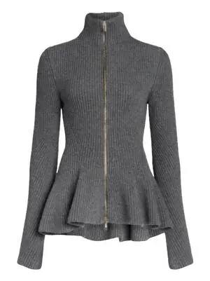 Alaïa Zip-up Ribbed Knit Sweater With Peplum - Black