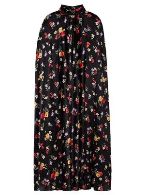 RODARTE Floral Print Silk Charmeuse Cape Effect Midi Dress - Black