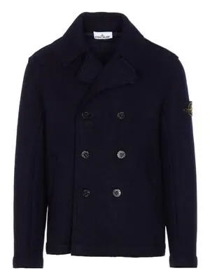 Stone Island Double-breasted Coat With Logo Patch - Blue