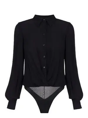 Elisabetta Franchi Slim Fit Georgette Bodysuit With Lapel Collar And Cross-over Drape - Black