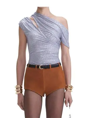 SELF-PORTRAIT Embellished Asymmetric Neckline Top With Keyhole Detail - Light Blue