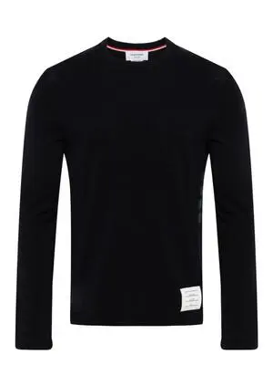 Thom Browne Crewneck Jumper With Logo Patch And Side Stripes - Blue