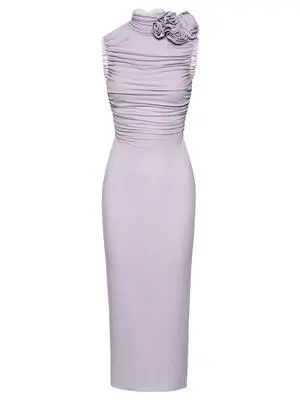 Magda Butrym Ruched Mock Neck Midi Dress With Rose Brooch - Lavender