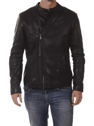 Emporio Armani Long-sleeved Leather Biker Jacket - Black