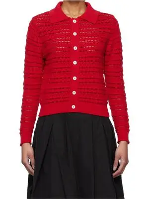 DUNST Open Collar Pointelle Knit Cardigan - Red