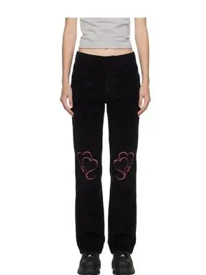 MARISSA CHIARA Belt Loop Embroidered Heart Casual Pants - Black