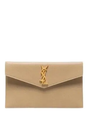 Saint Laurent Uptown Logo Plaque Foldover Clutch Bag - Dark Beige