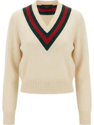 Gucci V-neck Fine Knit Jumper With Web Detail - Nude