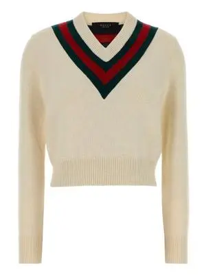 Gucci V-neck Fine Knit Jumper With Web Detail - Nude