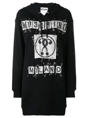 Moschino Safety Pin Embellished Logo Hoodie Dress - Black