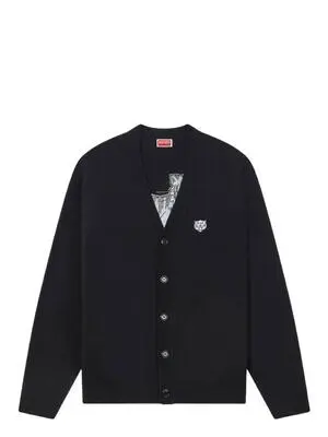 Kenzo Happy Tiger Embroidered Cotton Merino Wool Cardigan - Black