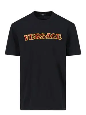 Versace Logo Embroidered Crewneck T-shirt - Black