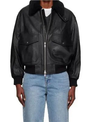 DUNST Leather Zip Up Jacket With Spread Collar - Black