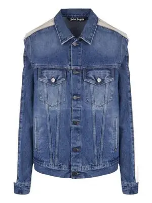 Palm Angels Logo Denim Track Jacket With Striped Sleeves - Blue