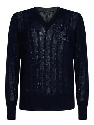 Etro V-neck Knitted Jumper With Logo Embroidery - Black