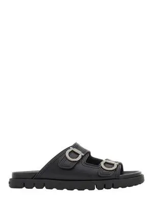 FERRAGAMO Gancini Double Strap Slides - Black