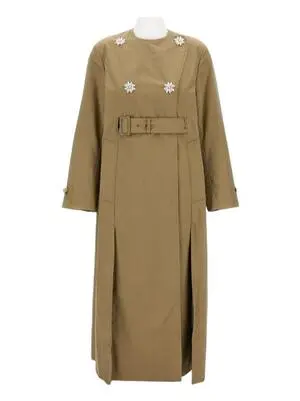 Simone Rocha Round Neck Belted Coat With Beaded Floral Detail - Brown