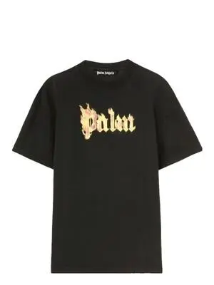 Palm Angels Burning Logo Printed Crewneck T-shirt - Black