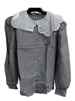 Alessandra Rich Plaid Button-up Shirt With Lace Collar - Gray