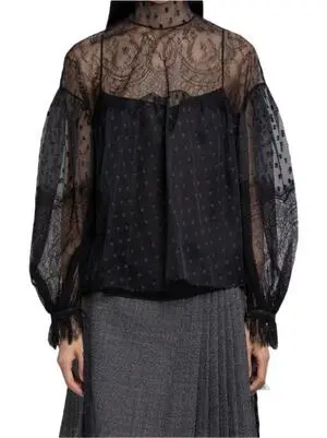 Dior Lace High Neck Long Sleeve Blouse - Black