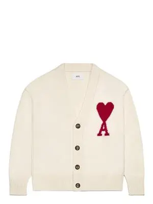 Ami V-neck Knitted Buttoned Cardigan With Logo - White