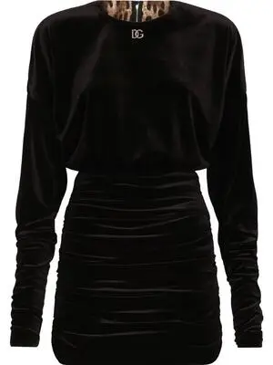 Dolce & Gabbana Ruched Logo Plaque Mini Dress - Black