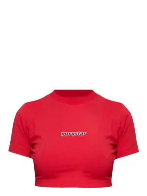 Vetements Logo Embroidered Cropped T-shirt - Red