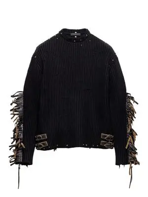 Prada Wool Crew-neck Sweater With Fringe And Studs - Black