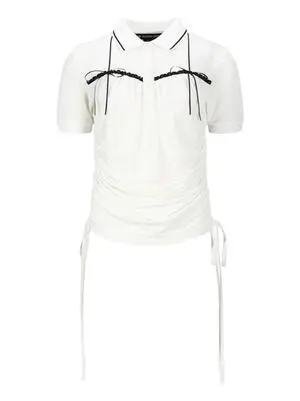 Andersson Bell Ribbed Polo Top With Lace And Bow Detail - White