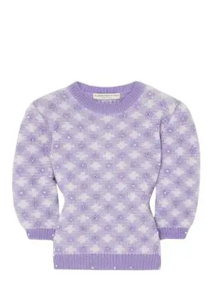 Alessandra Rich Embellished Argyle Round Neck Sweater - Purple