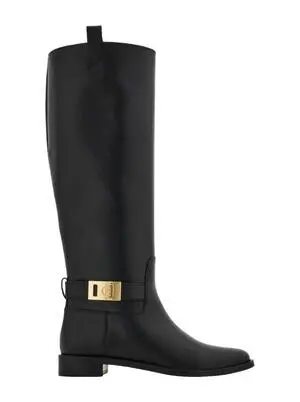 FERRAGAMO Knee-high Boots With Gold-tone Buckle Detail - Black