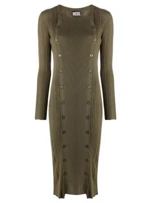 DIESEL® Ribbed Knit Midi Dress With Button Detail - Brown