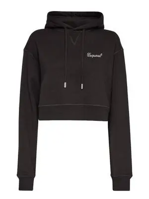 Dsquared2 Logo Detailed Cropped Drawstring Hoodie - Black