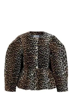 GANNI Animal Print Buttoned Peplum Jacket - Black