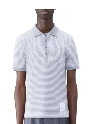 Thom Browne Striped Logo Patch Short-sleeved Polo Shirt - Light Gray