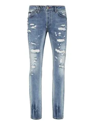 Philipp Plein Belt-loop Jeans With Skull And Bone Embroidery - Blue