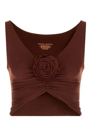 Magda Butrym V-neck Ruched Top With Rose Appliqu - Brown
