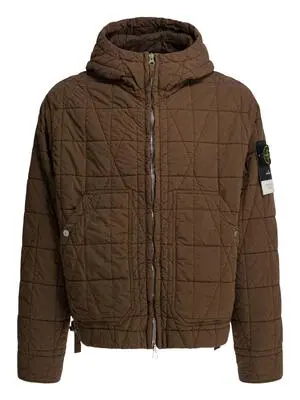 Stone Island Logo Patch Quilted Hooded Jacket - Brown