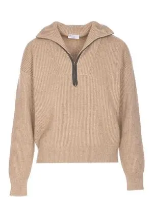 Brunello Cucinelli Ribbed Half-zip Sweater - Nude