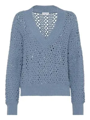 Brunello Cucinelli V-neck Mesh Knit Jumper - Sky-blue