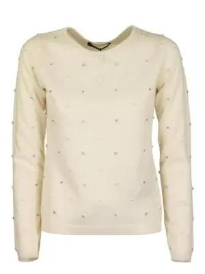 Max Mara Round Neck Embellished Long Sleeve Sweater - Nude