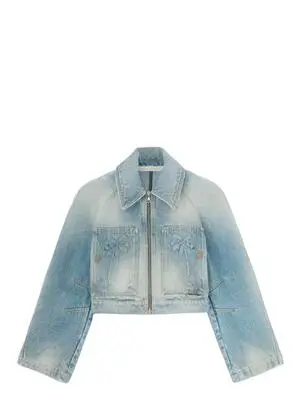 Palm Angels Palm Pattern Cropped Denim Jacket - Blue
