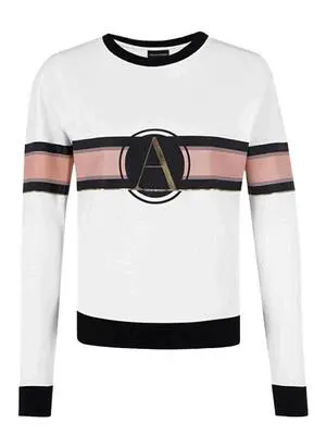 Emporio Armani Round Neck Long Sleeve Sweater With Logo Trim - Black