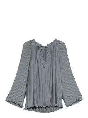 LANVIN Lanvin Pleated Round Neck Long Sleeve Blouse Gray